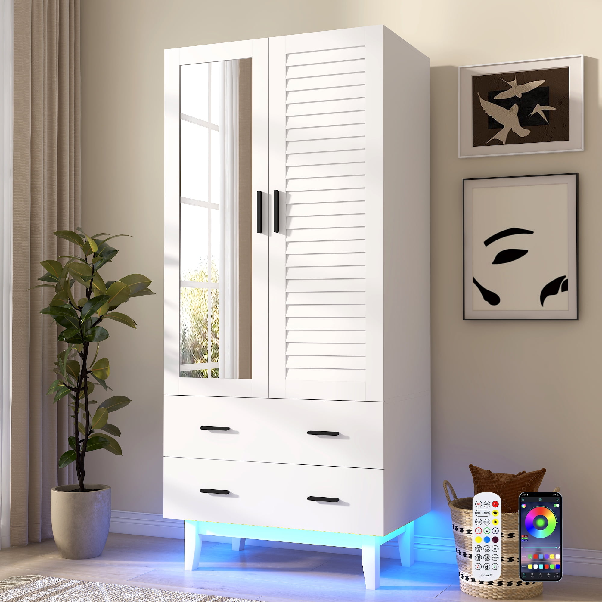 ChVans 71" Tall Armoire Wardrobe with Mirror & LED Lights , 2 Door Wood ...