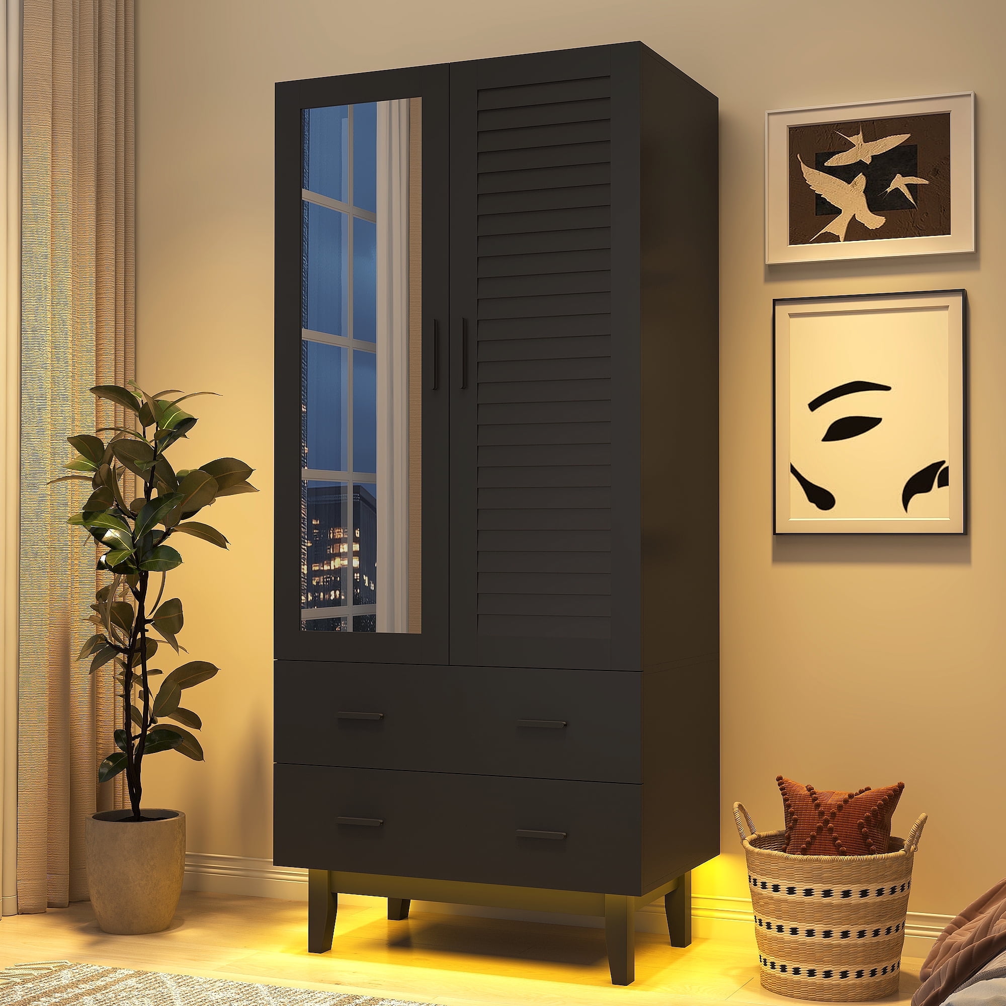 ChVans 71" Tall Armoire Wardrobe with Mirror & LED Lights , 2 Door Wood ...