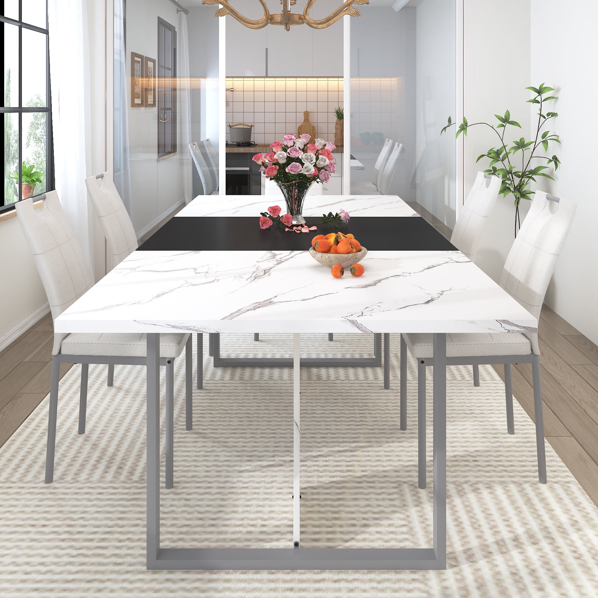 ChVans 70" Dining Table Set for 6-8 People, Kitchen Dinner Table with ...