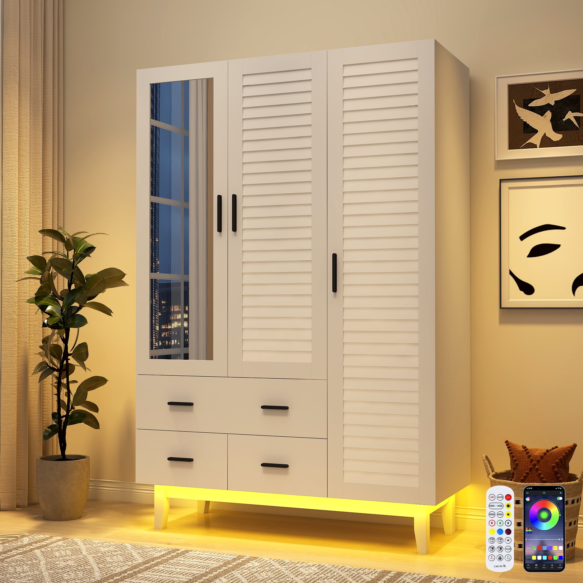 ChVans 71" Tall Armoire Wardrobe with Mirror & LED Lights , 3 Door Wood ...