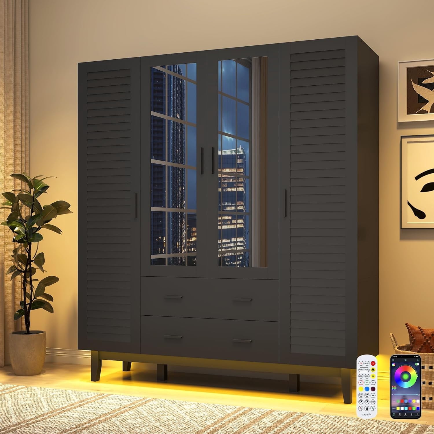 ChVans 71" Tall Armoire Wardrobe with Mirror & LED Lights , 4 Door Wood ...