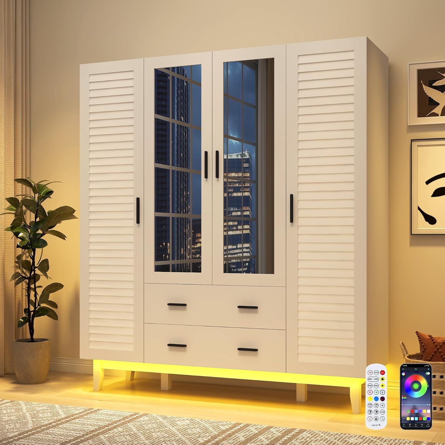 ChVans 71" Tall Armoire Wardrobe with Mirror & LED Lights , 4 Door Wood ...
