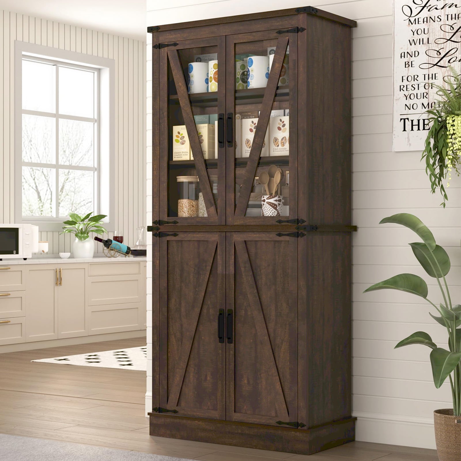 ChVans 71" Tall Farmhouse Kitchen Pantry with Adjustable Shelves & Pull ...