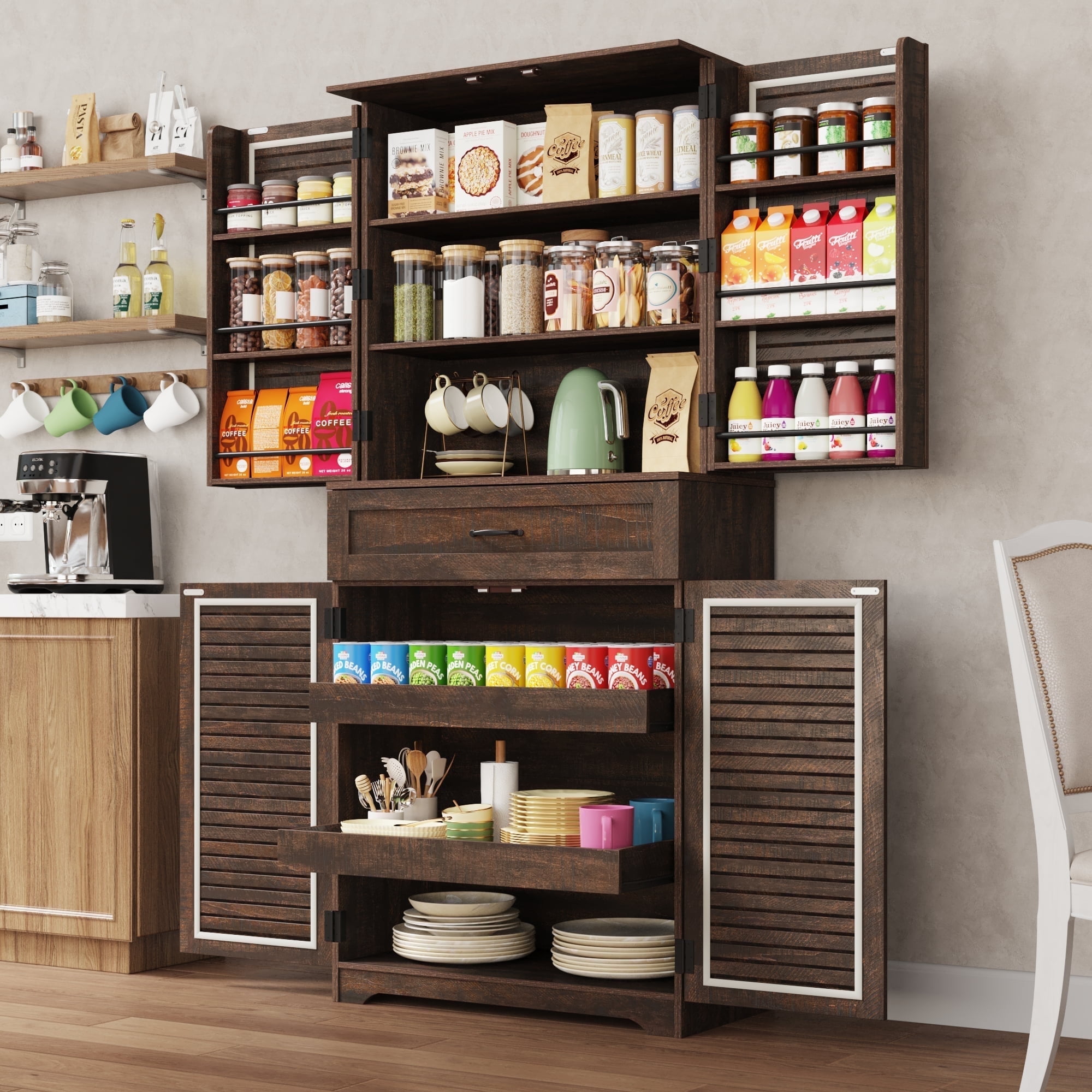 ChVans 72''Tall Kitchen Pantry Cabinet with Louver Doors, 7 Layers ...