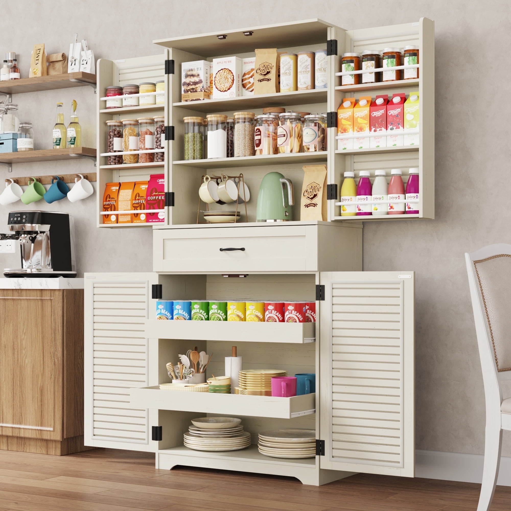 ChVans 72''Tall Kitchen Pantry Cabinet with Louver Doors, 7 Layers ...