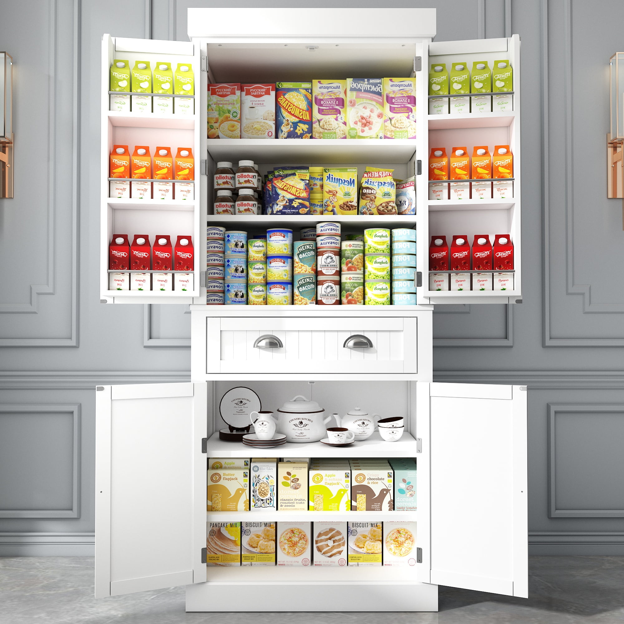 ChVans 72" Tall Kitchen Pantry with 4 Doors, Storage Cabinet with 1 ...