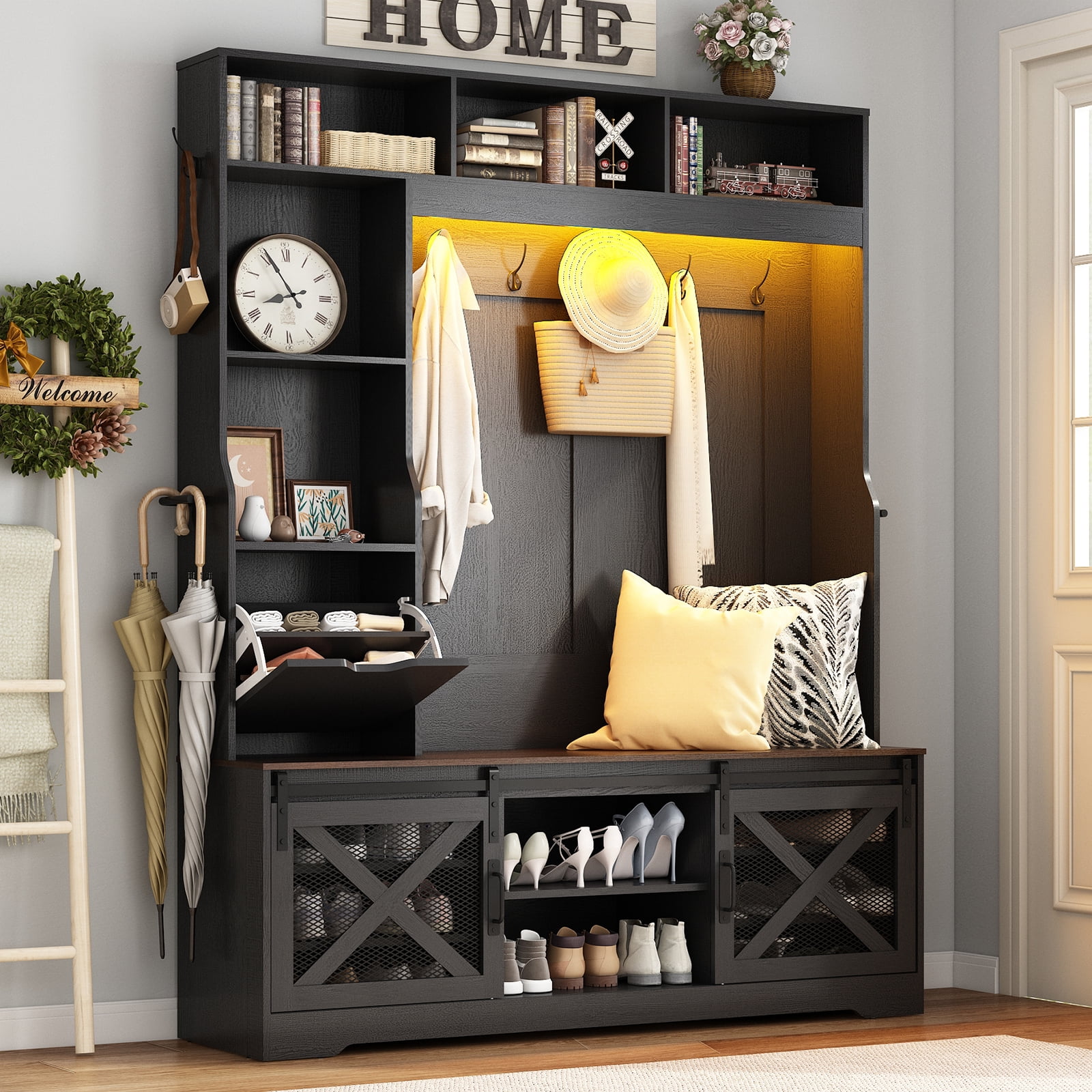 ChVans 75''H LED Farmhouse Hall Tree with 2 Sliding Barn Doors, Black ...
