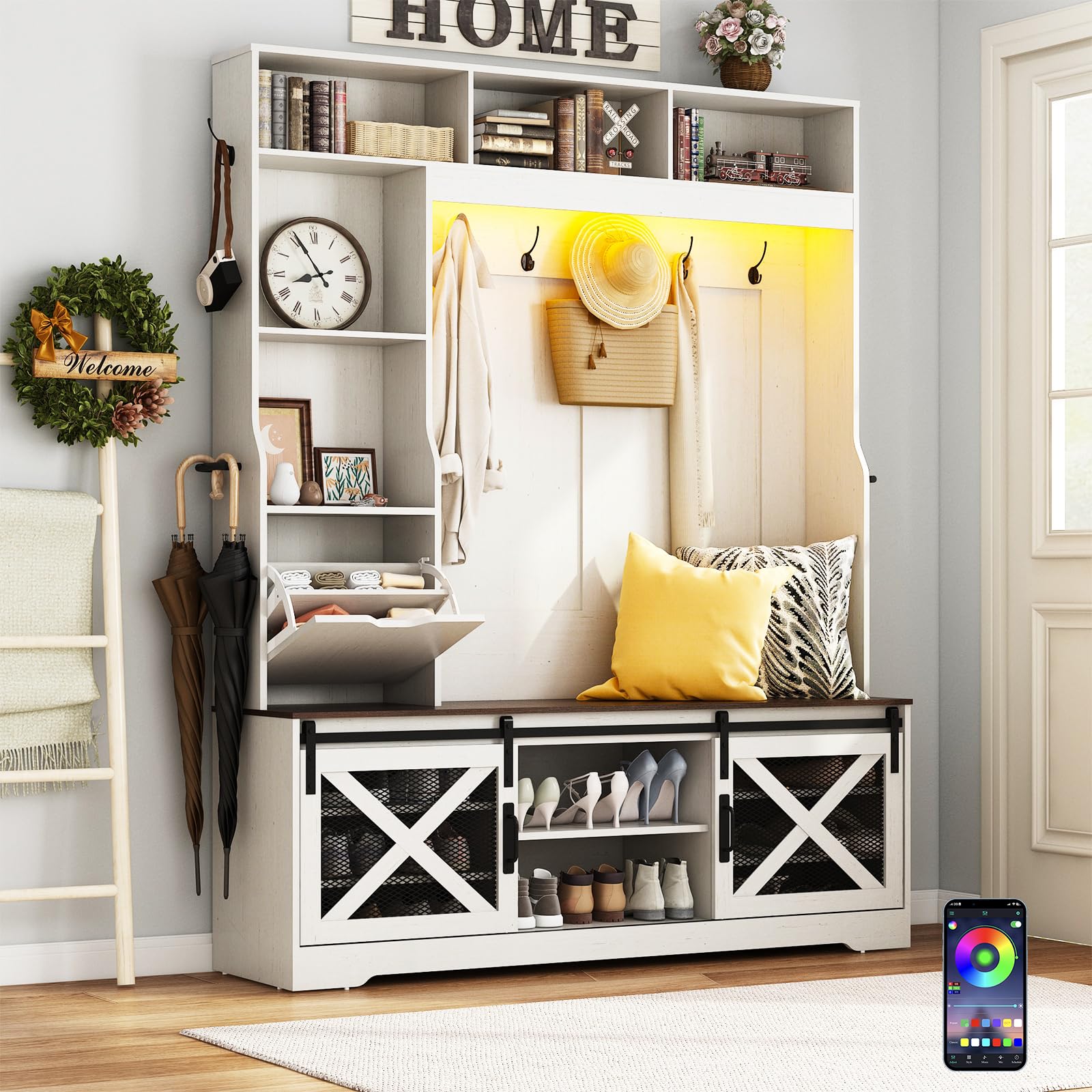 Entryway Hall Tree with Shoe Bench and Mirror Cabinet, Rustic Brown ...