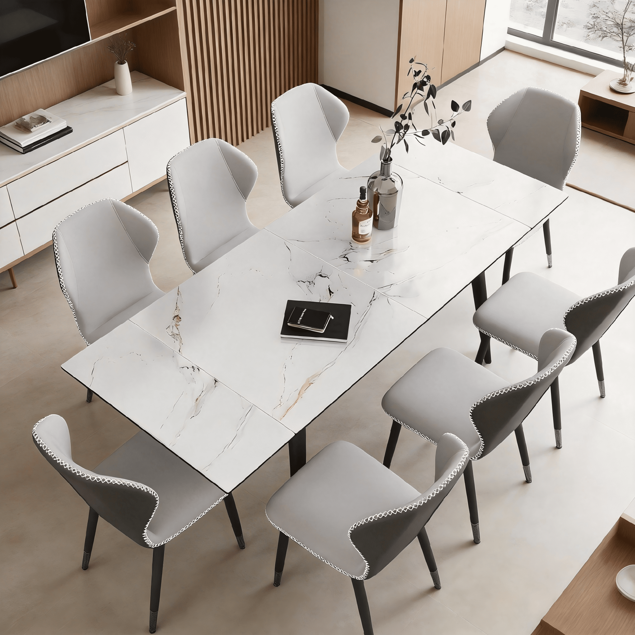 Chvans, Large Extendable Dining Table 55-79 Inches, White Marble ...