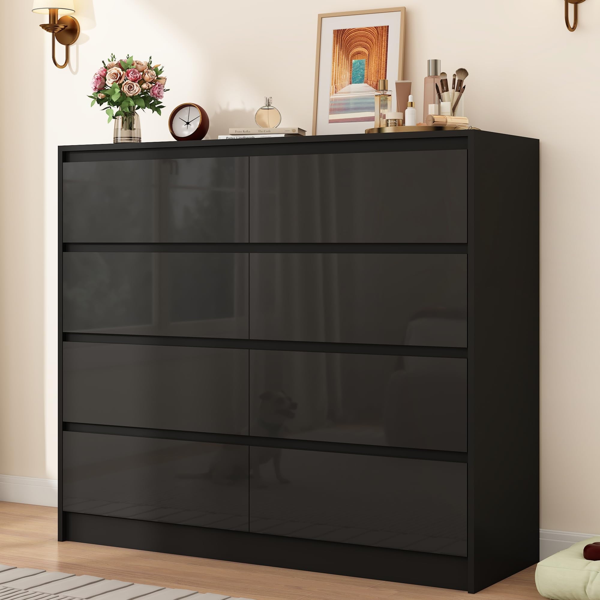 ChVans 8 Drawer Black Dresser for Bedroom Modern High Gloss 8 Drawers Double Dressers Wood Chest of Drawer Handle Free Long Dresser for