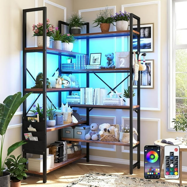"ChVans 71"" High Corner Shelf with LED Lights, 8-Tier Industrial Bookcase, L-Shaped Plant Stand ...