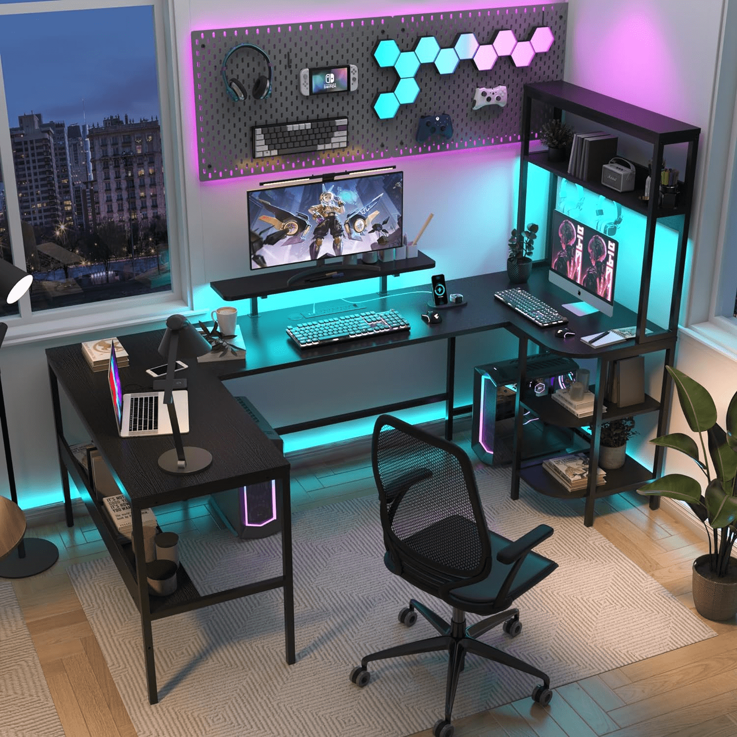 "ChVans 87"" U-Shaped Gaming Desk with LED Light, Outlet, Monitor Stand ...