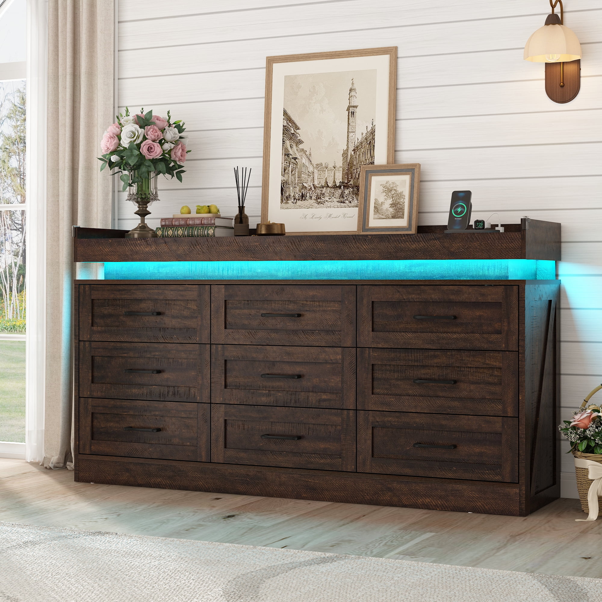 ChVans 9 Drawer Dresser with LED Light and Charging Station, Farmhouse ...