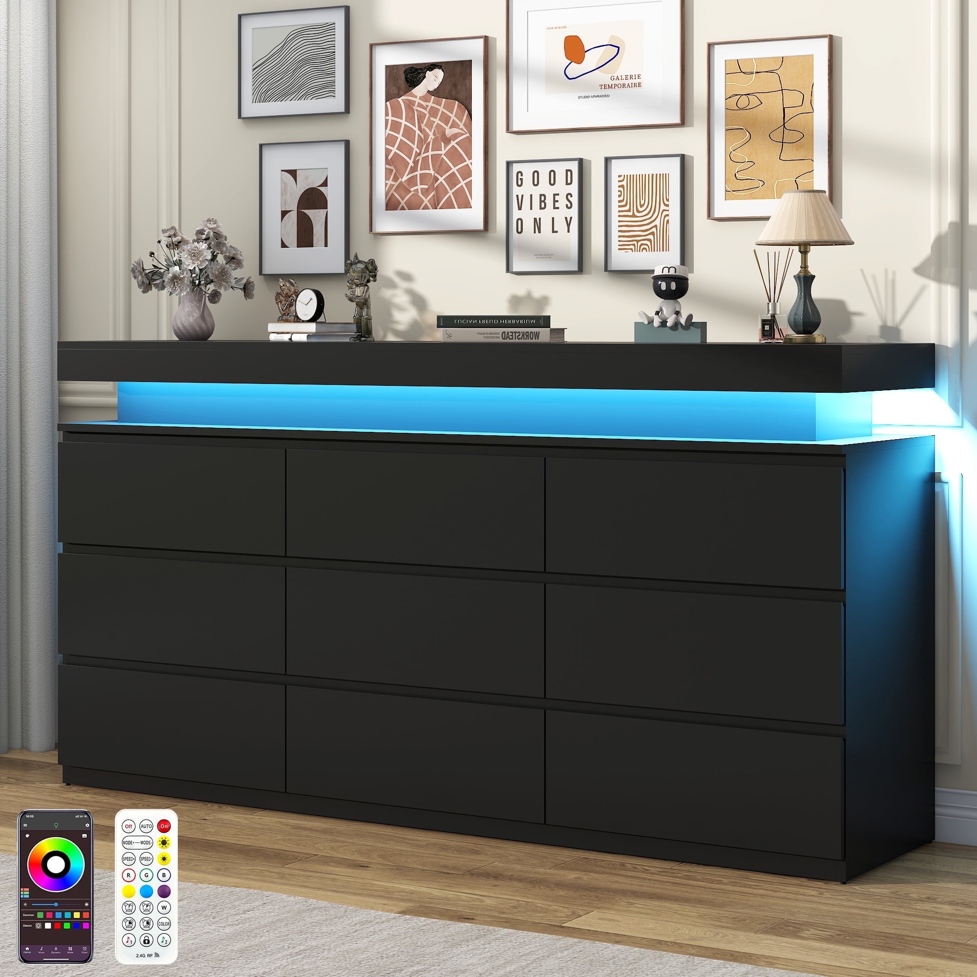 ChVans Black 9 Drawer Dresser with LED Lights, 63" Wide Modern Wood ...