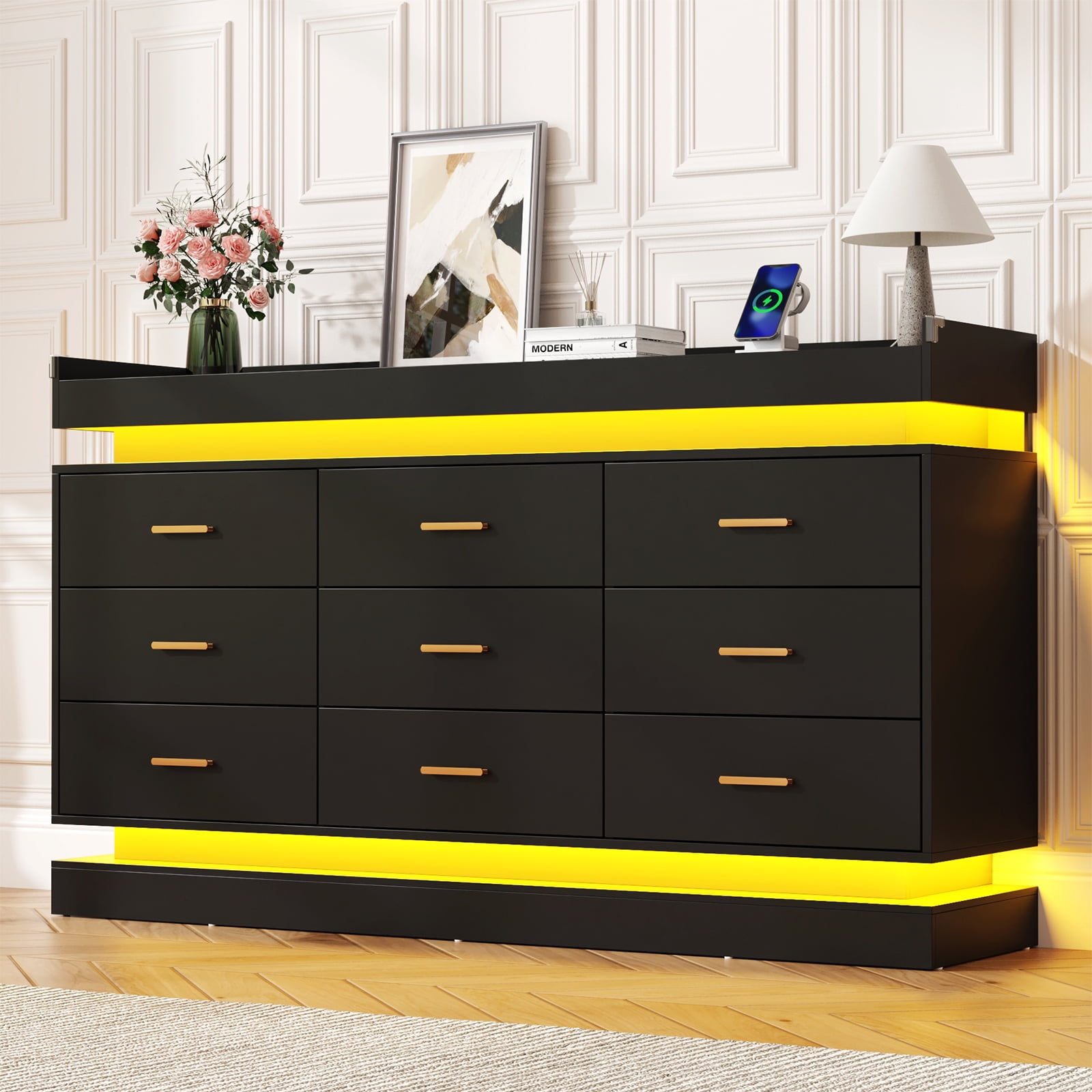 ChVans 9 Drawer Dresser with Power Outlet, Tall Dresser with LED Light ...