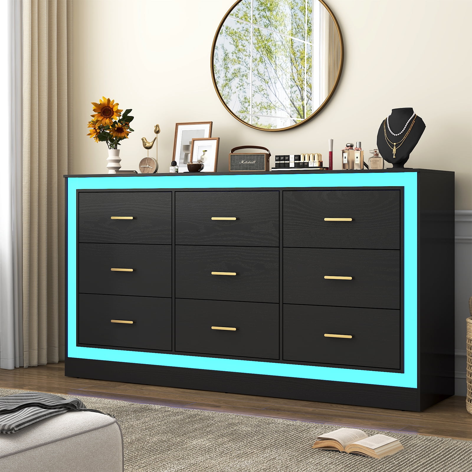 ChVans 9 Drawer Dresser with LED Light , 63'' Long Wooden Dressers ...