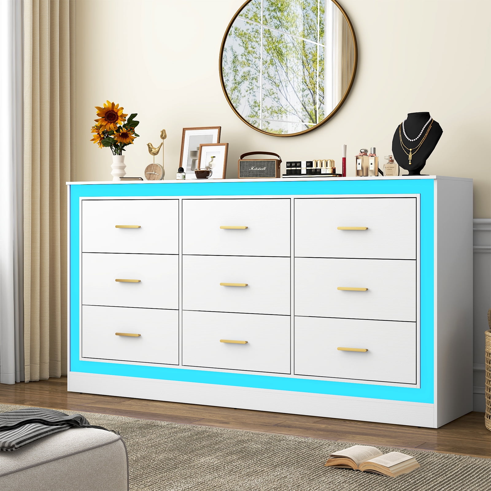 ChVans 9 Drawer Dresser with LED Light , 63'' Long Wooden Dressers ...