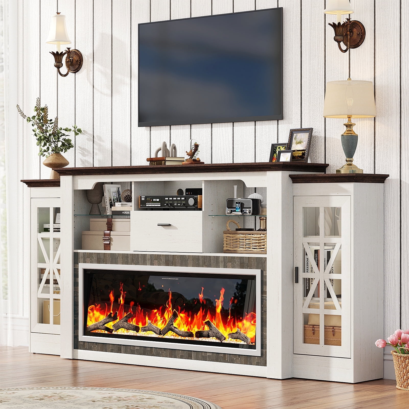 ChVans 91.6" Fireplace TV Stand with 50'' Electric Fireplace & Power ...