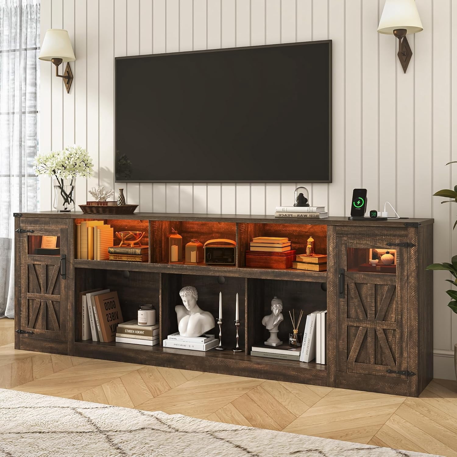 ChVans 95" Farmhouse TV Stand for 90/100"TV with LED Lights & Power ...