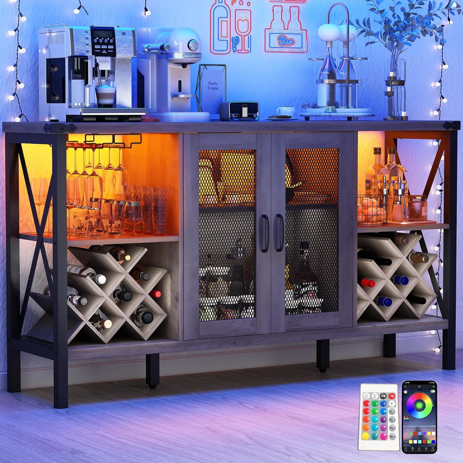 ChVans Industrial Modern Bar Cabinet with LED Light, Power Outlet ...