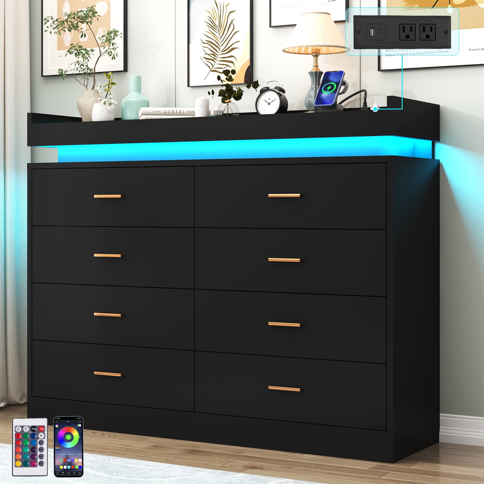 ChVans Black Dresser with Charging Station and LED Lights, Modern Chest ...