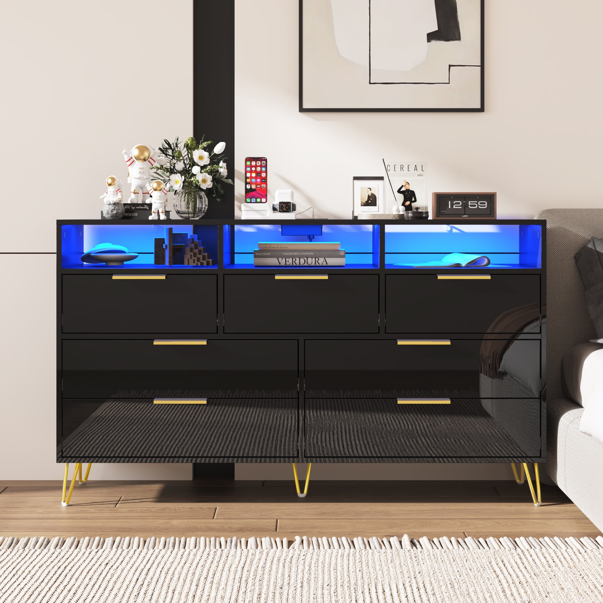 ChVans Black Dresser with LED Lights for Bedroom, Modern Wood Dresser ...