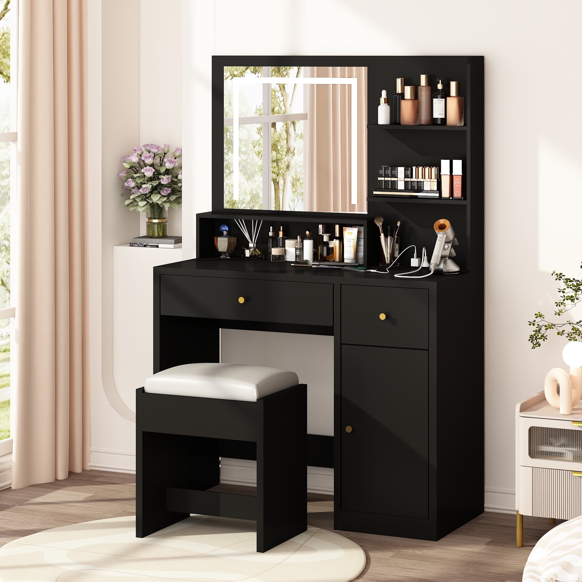 Chvans Black Vanity Desk with LED Mirror, Charging Station, Shelves ...