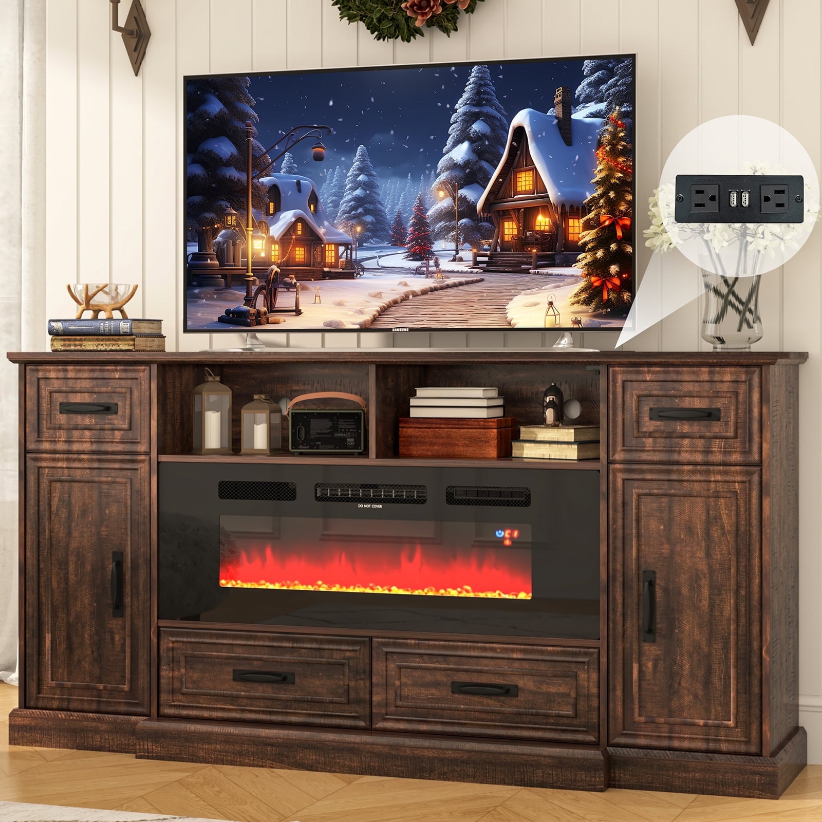 ChVans 70" Fireplace TV Stand for TVs up to 80" with 40" Electric ...