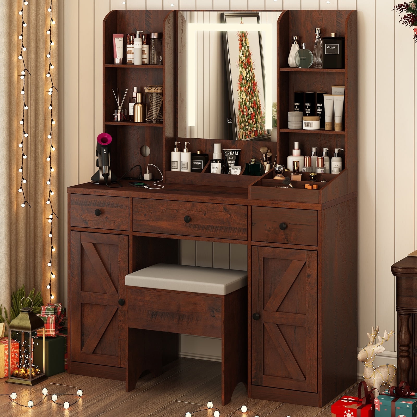 ChVans Farmhouse Vanity Desk with LED Lighted Mirror & Charging Station ...