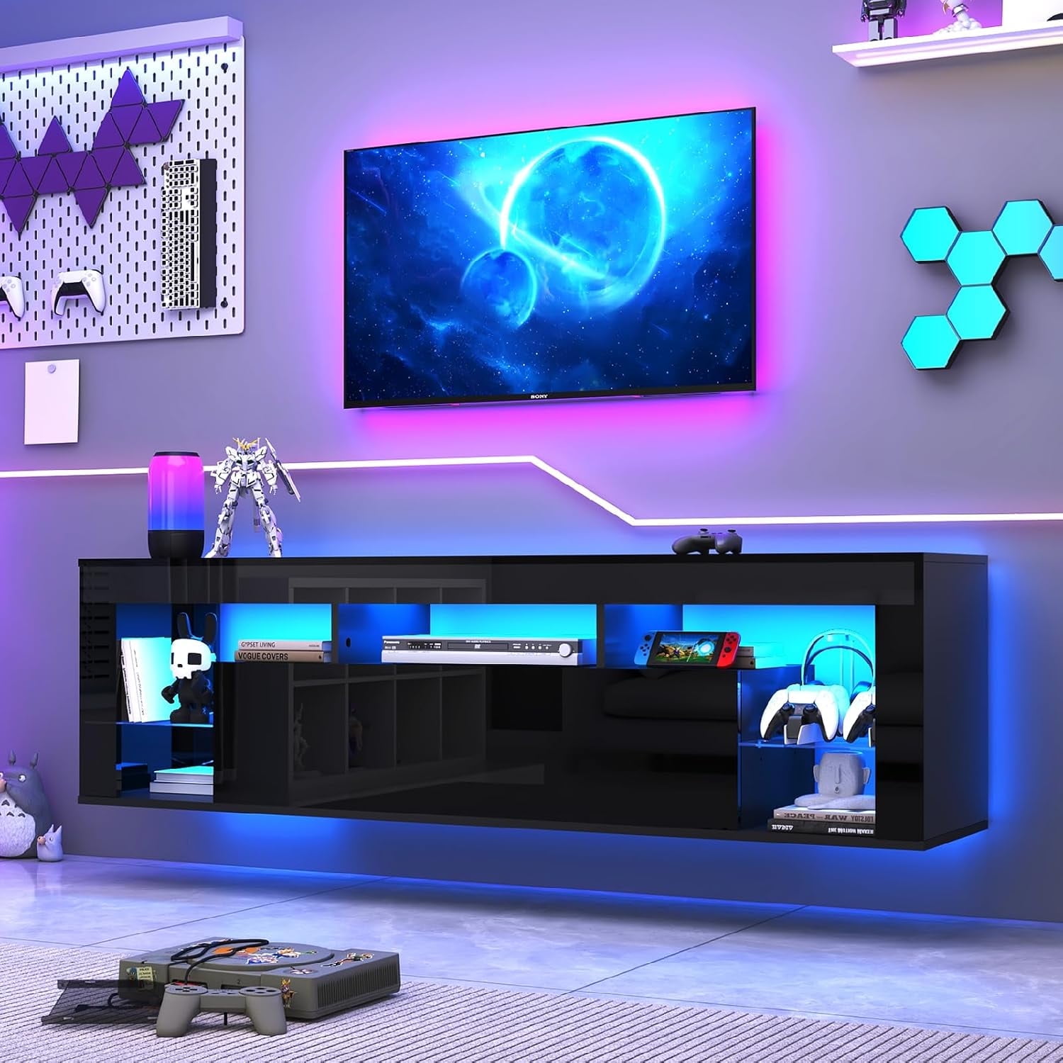 ChVans High Gloss Floating TV Stand with LED Lights, Wall Mounted Media Console for TVs up to 70 ...