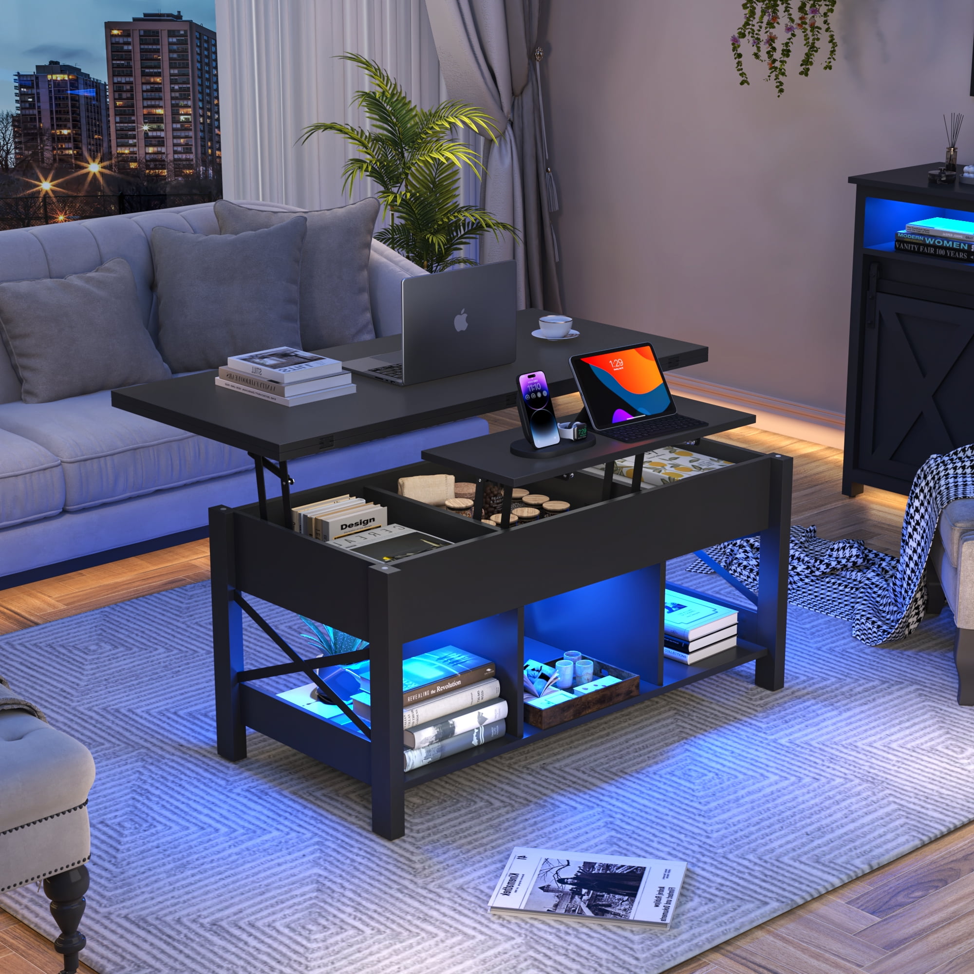 ChVans 4-in-1 LED Lift Top Wood Coffee Table, Charging Station, Large ...