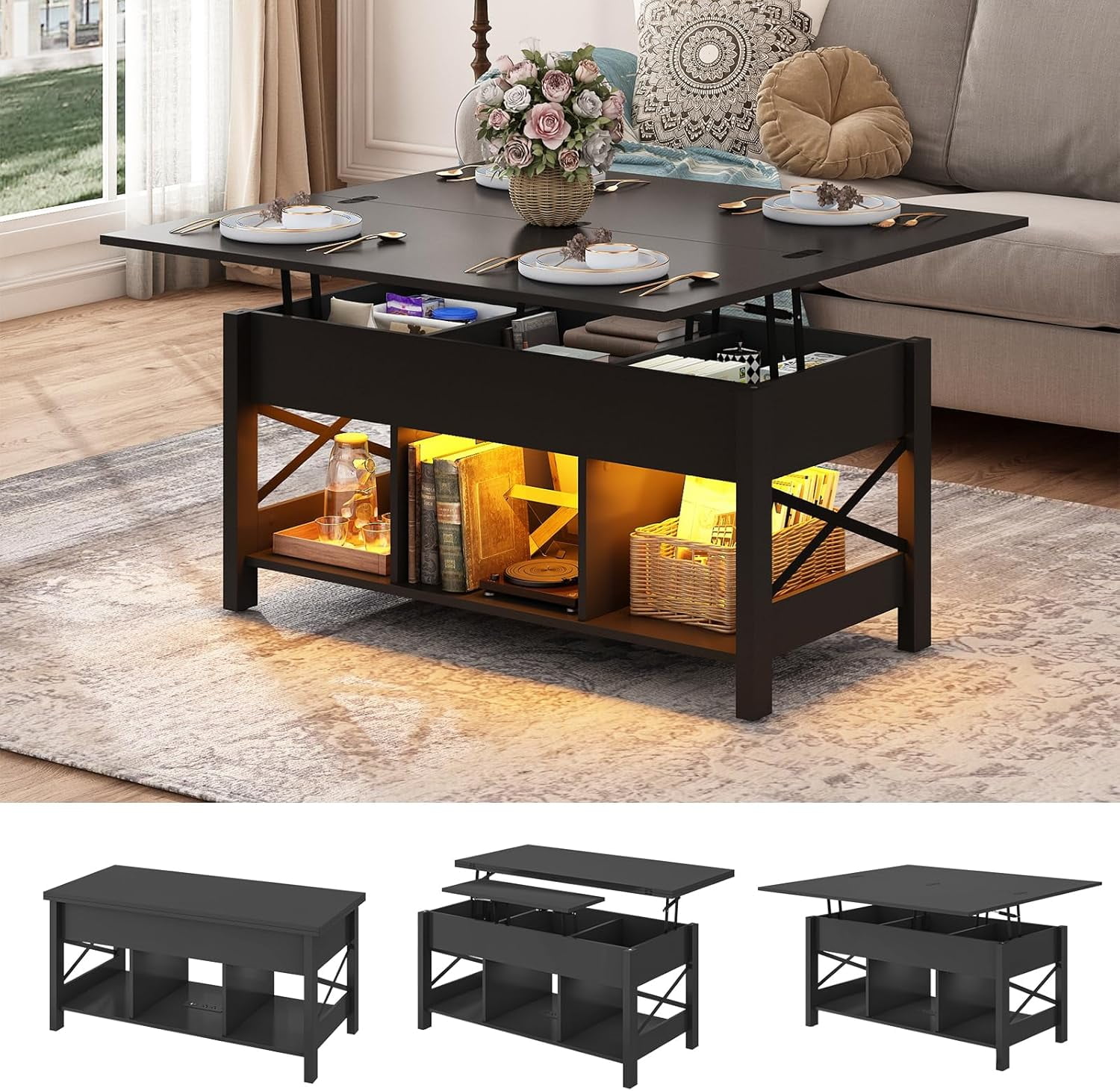 ChVans 4-in-1 LED Lift Top Wood Coffee Table, Charging Station, Large ...