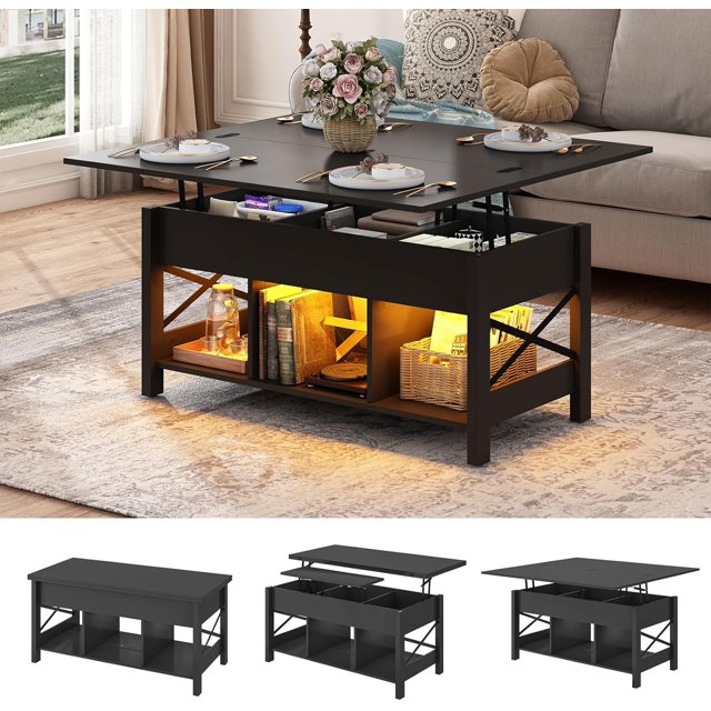 ChVans 4-in-1 LED Lift Top Wood Coffee Table, Charging Station, Large ...