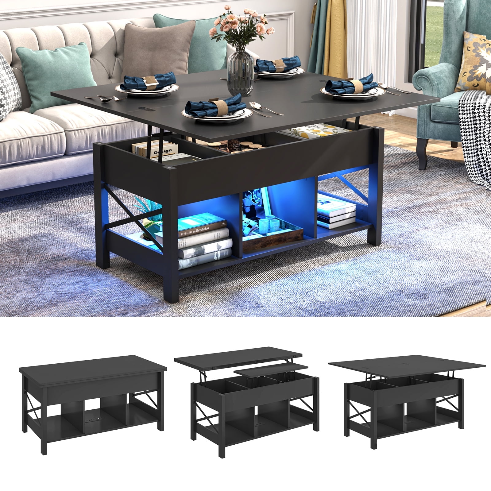 ChVans LED 4-in-1 Lift Top Coffee Table with Charging Station & Large ...