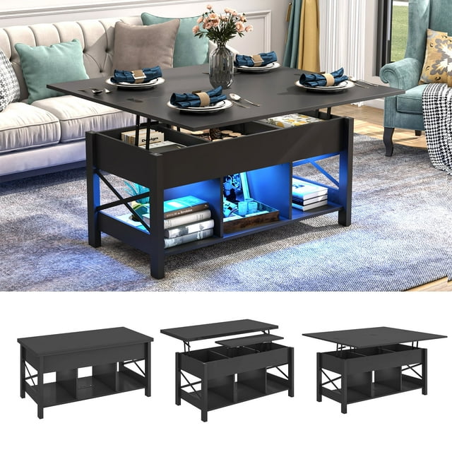 ChVans LED 4-in-1 Lift Top Coffee Table with Charging Station & Large ...