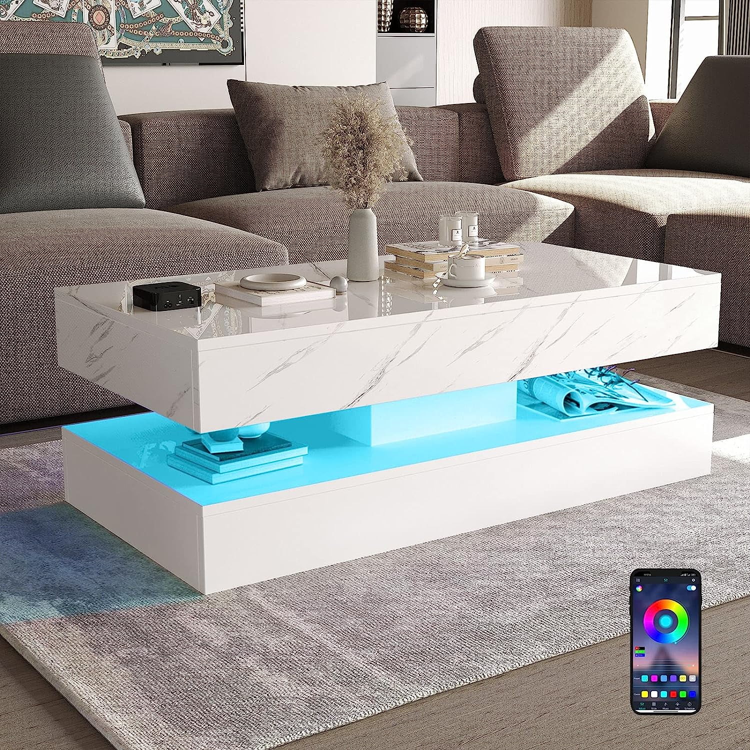 Hironpal LED Coffee Table,Modern High Gloss Coffee Table w/ 16 Colors ...