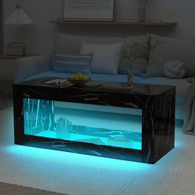 ChVans LED Coffee Table with Open Storage, Modern Black Coffee Table ...