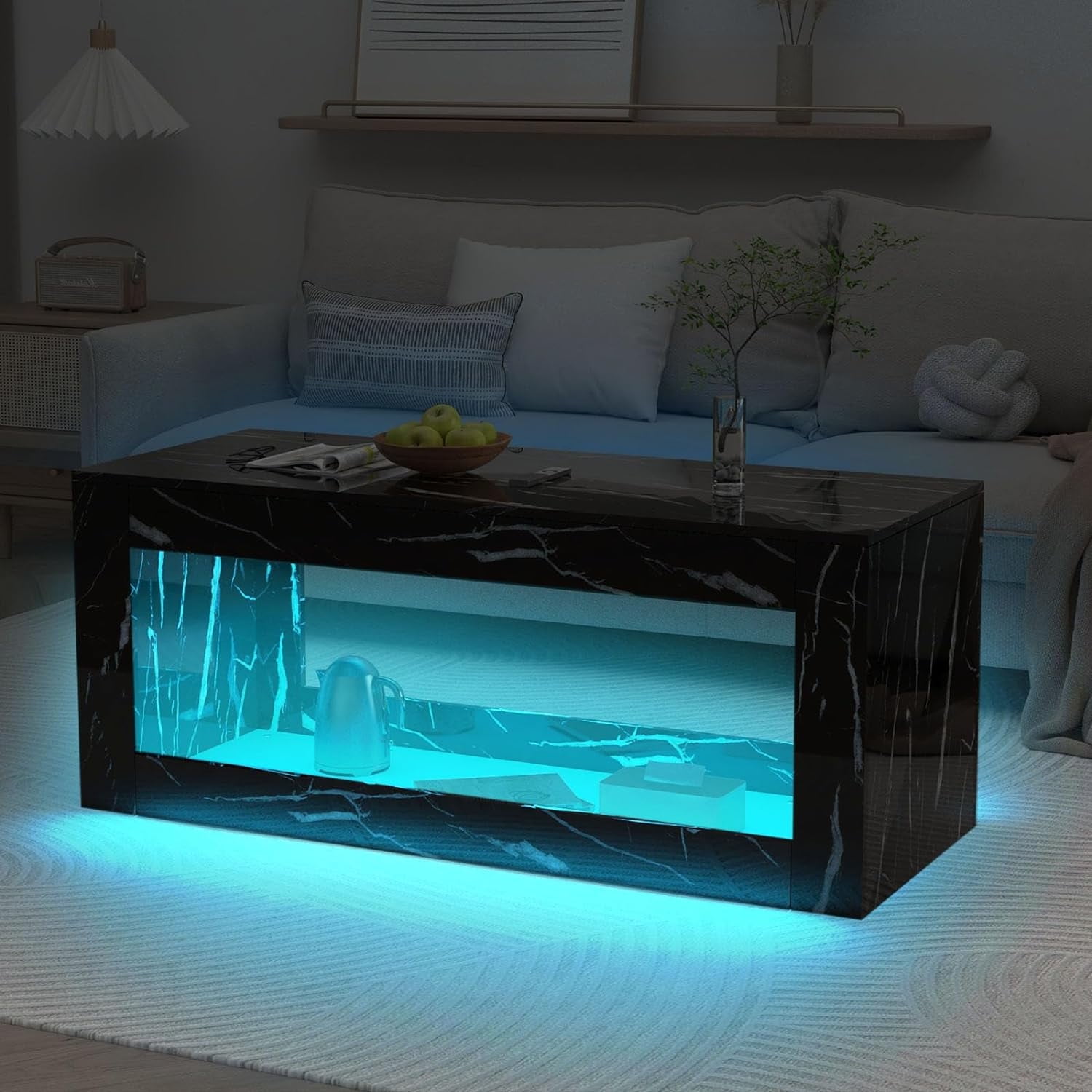 ChVans LED Coffee Table with Open Storage, Modern Black Coffee Table ...