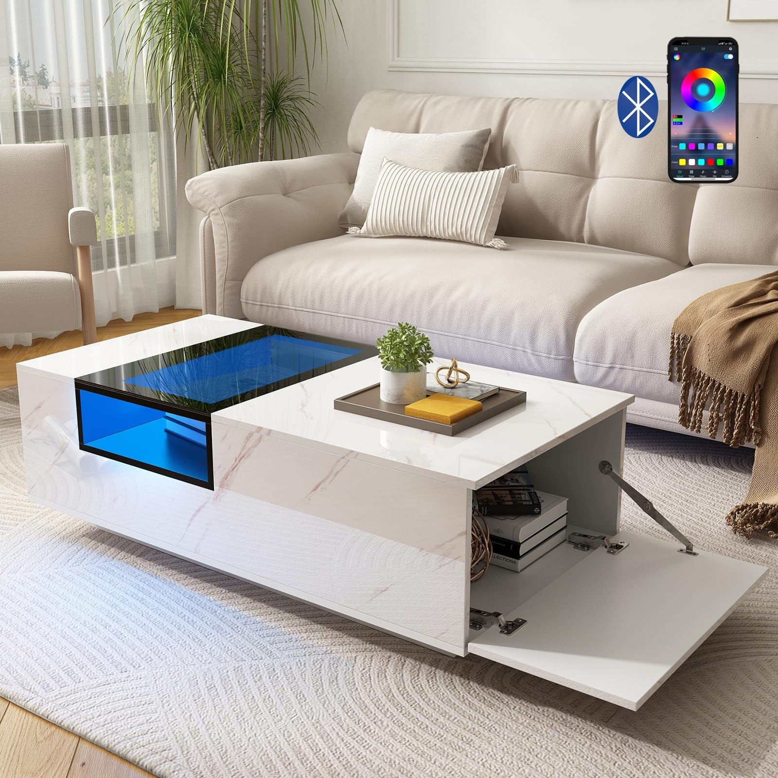 "ChVans LED Light Coffee Table with Storage, 47.3"" High Gloss, APP ...