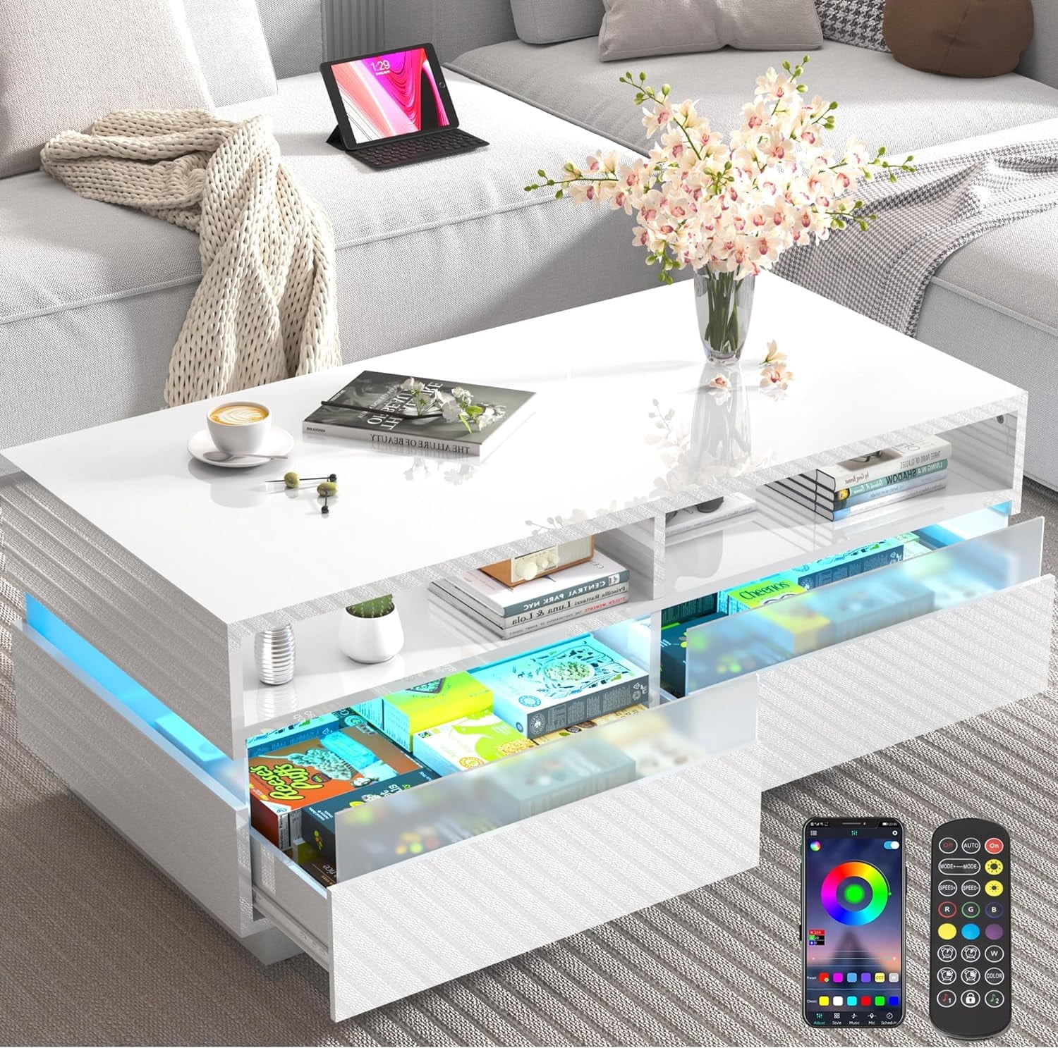 ChVans LED Coffee Table, Glossy White 2-Tier with Open Shelf Storage ...
