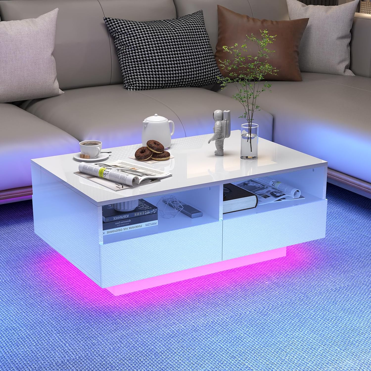 Churanty LED Coffee Table with Storage, Modern Center Table with LED ...