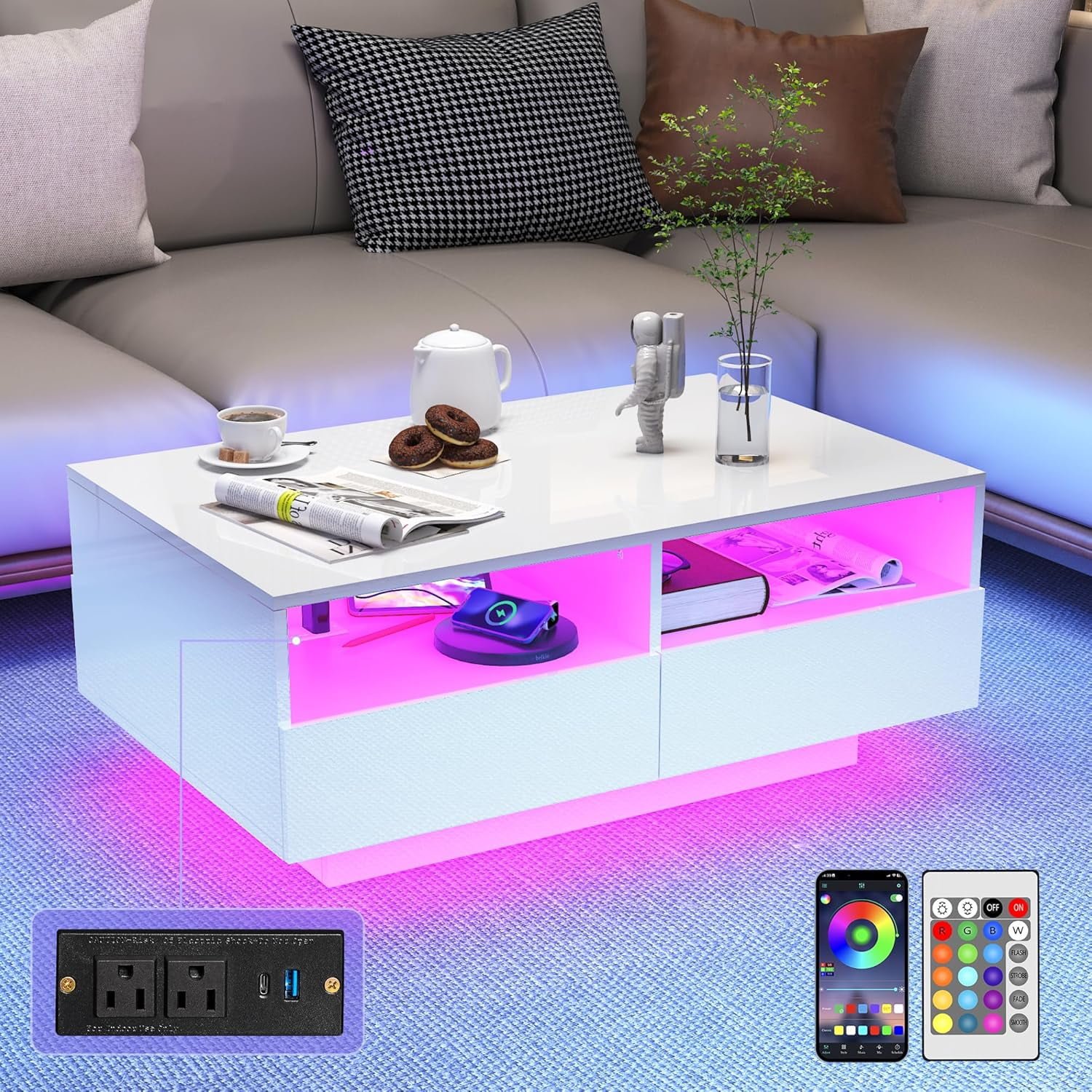 Vans LED Coffee Table, High Glossy with 4 Drawers, Multi-Function ...