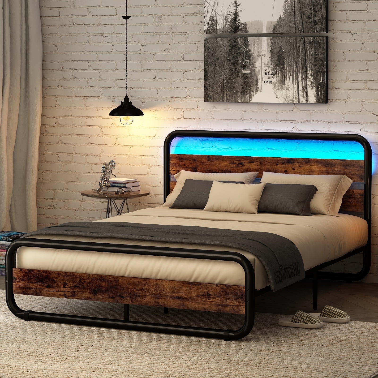 ChVans LED Full Size Bed Frame with Wood Headboard & Footboard, Heavy ...