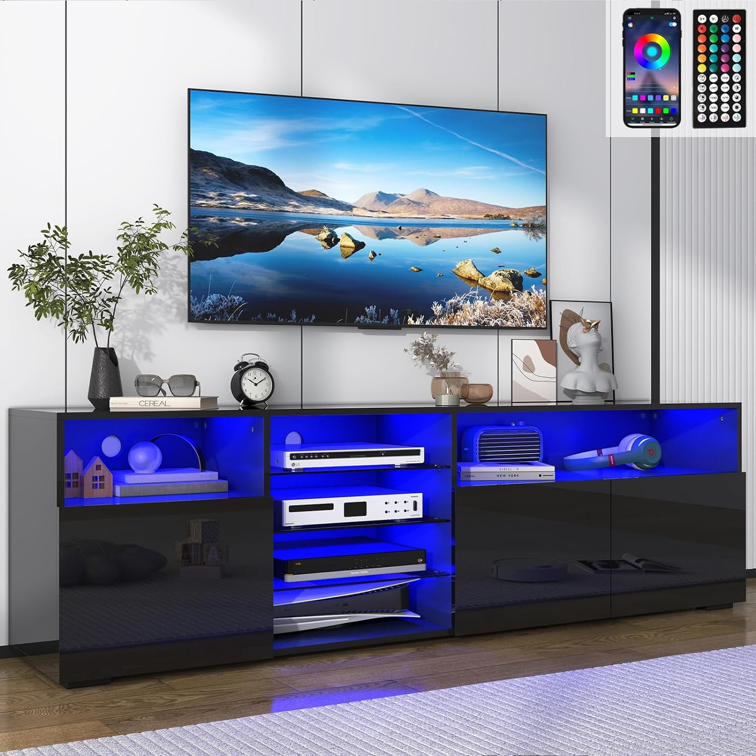 ChVans 65/70inch LED TV Stand, High Glossy Black, Gaming Center ...