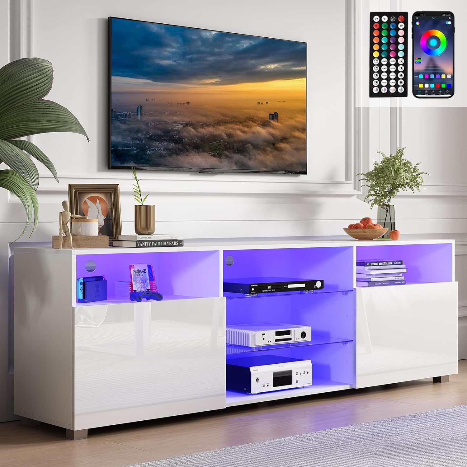ChVans LED TV Stand, 65/70inch, Modern Glass Entertainment Center w ...