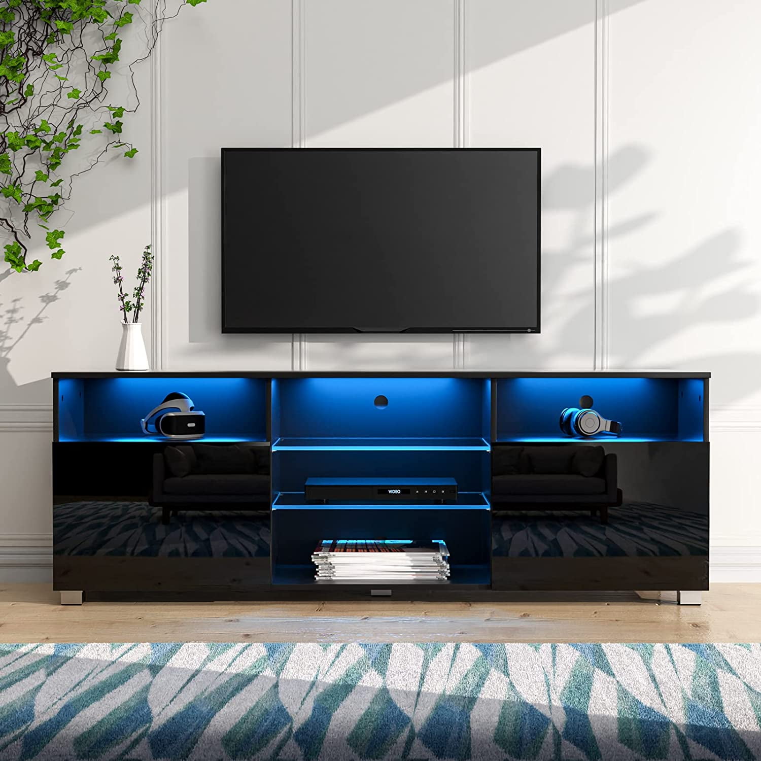 ChVans 65 inch LED TV Stand with LED Lights, Glossy Cabinets ...