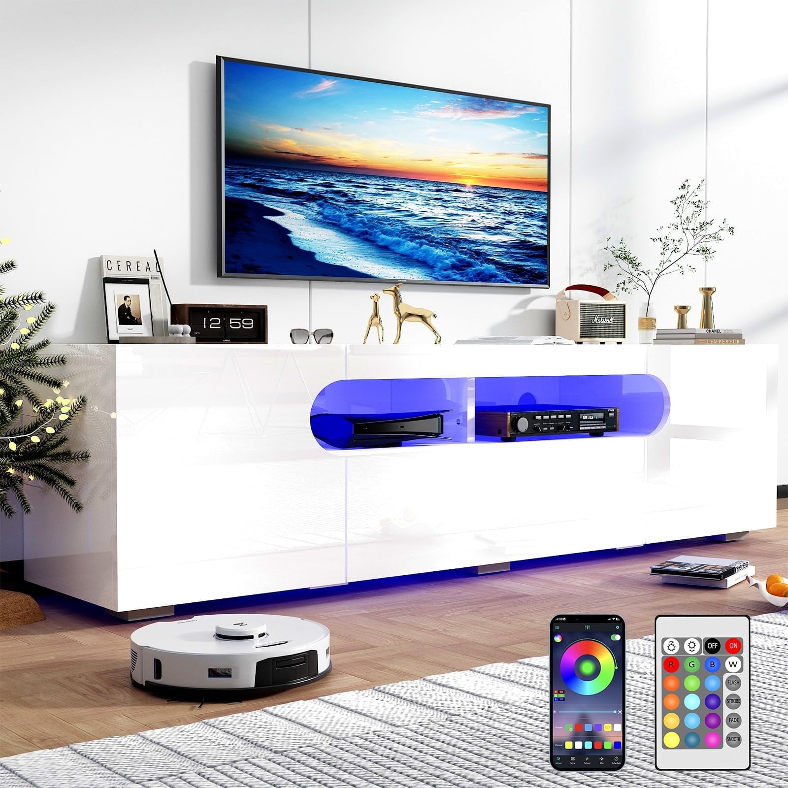 "ChVans High Gloss LED TV Stand for 65/70/75"" TV, Entertainment Center ...