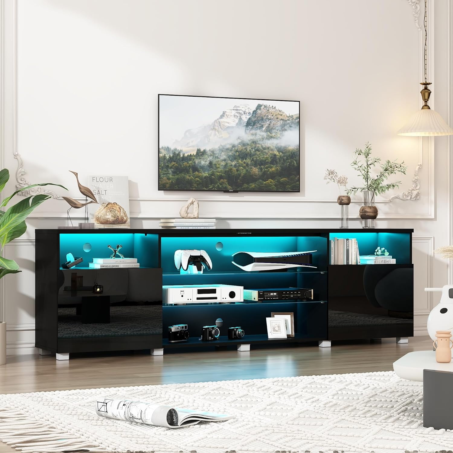 ChVans Large LED TV Stand for 80/85/90 inch TV, High Glass Modern ...