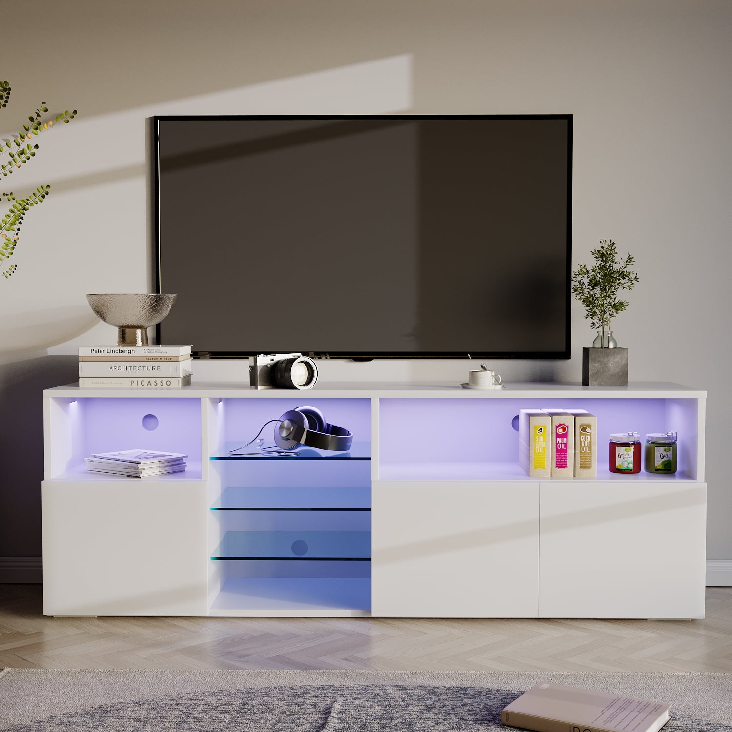 "ChVans 70"" Modern TV Stand with LED Lights, High Glossy Cabinets ...