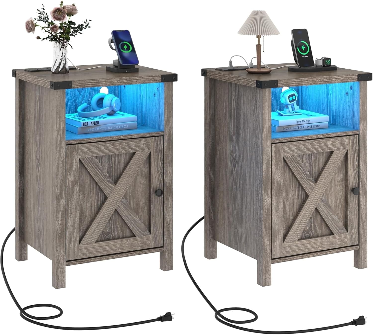 "Chvans Farmhouse Nightstand Set of 2, LED Lights, Charging Station ...
